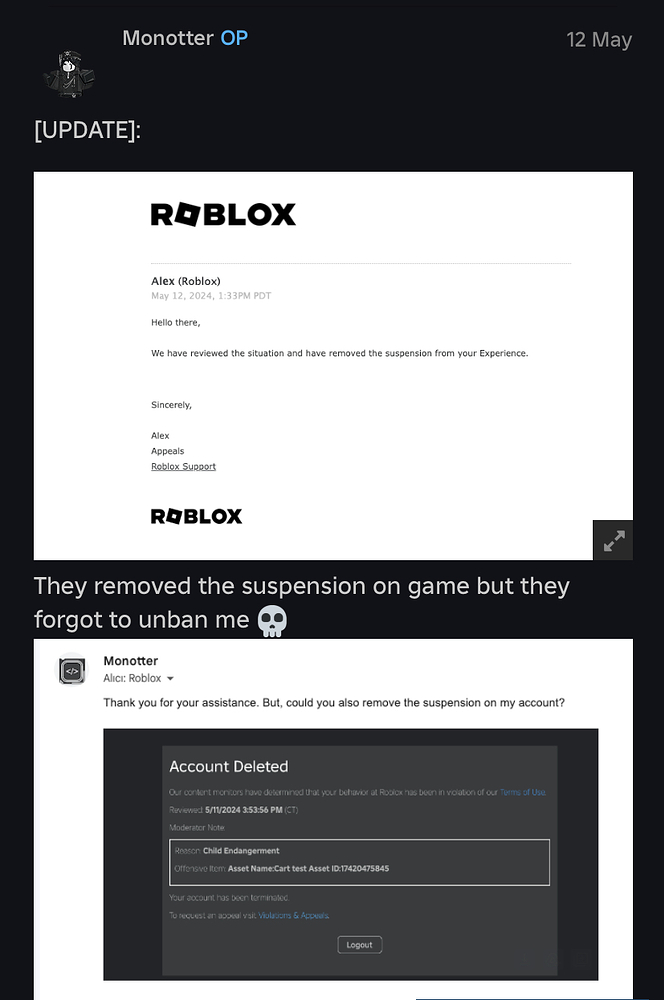 Roblox reinstated my experience, but NOT my account - Platform Usage Support - Developer Forum ...