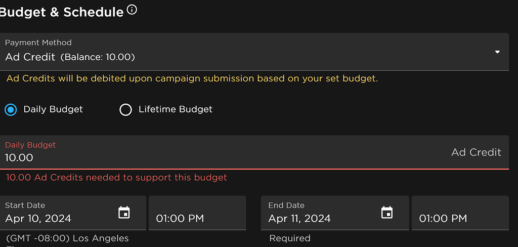 Error: 10.00 Ad Credits needed to support this budget (Even though I have 10..) - Platform Usage ...