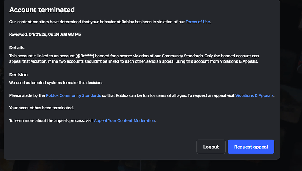 My account was terminated because "Your alt account broke the rules ...