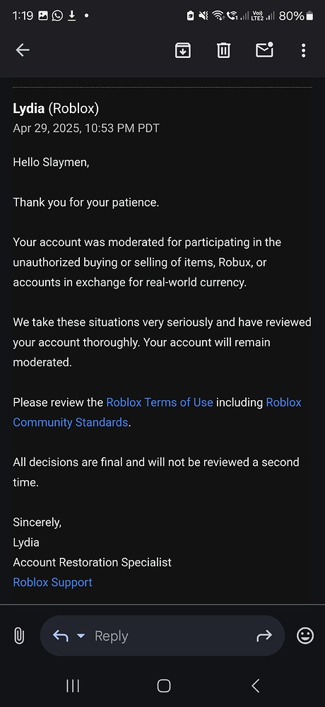 Account Falsely Terminated - Platform Usage Support - Developer Forum | Roblox