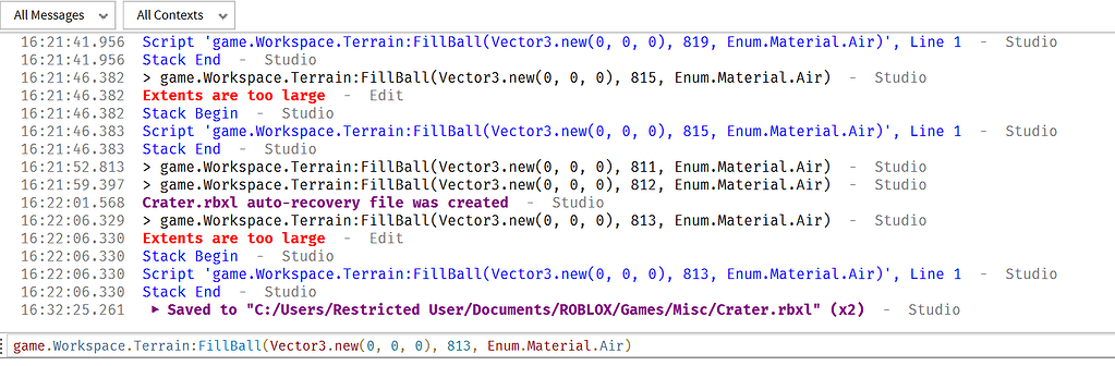 Terrain:FillBall() has an arbitrary radius limit of 812 - Engine Bugs - Developer Forum | Roblox