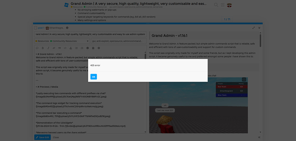 Cannot edit specific post of mine (405 error) - Forum Bugs - Developer ...