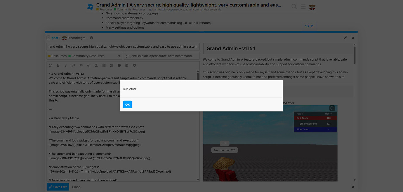 Cannot edit specific post of mine (405 error) - Forum Bugs - Developer ...