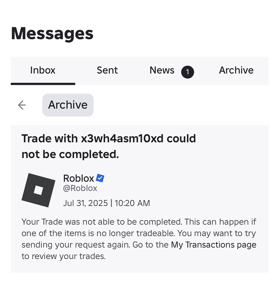 Roblox trade message contains incorrect link - Roblox Application and ...