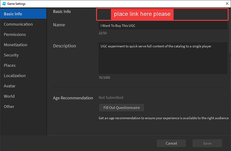 Place Link inside Basic Info - Studio Features - Developer Forum | Roblox