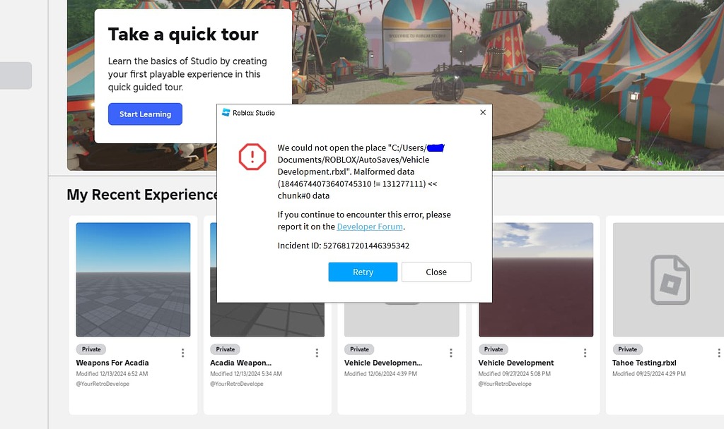 Unable to load place file due to a malformed data error - Studio Bugs - Developer Forum | Roblox