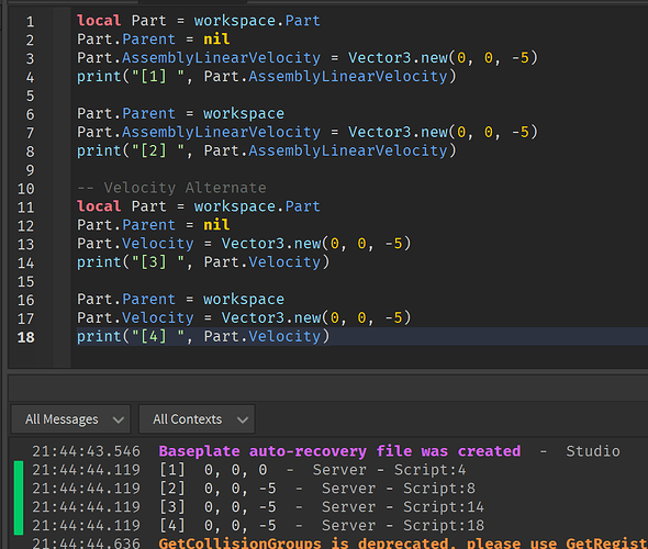 Setting AssemblyLinearVelocity on a BasePart does not work if object is not in Workspace ...
