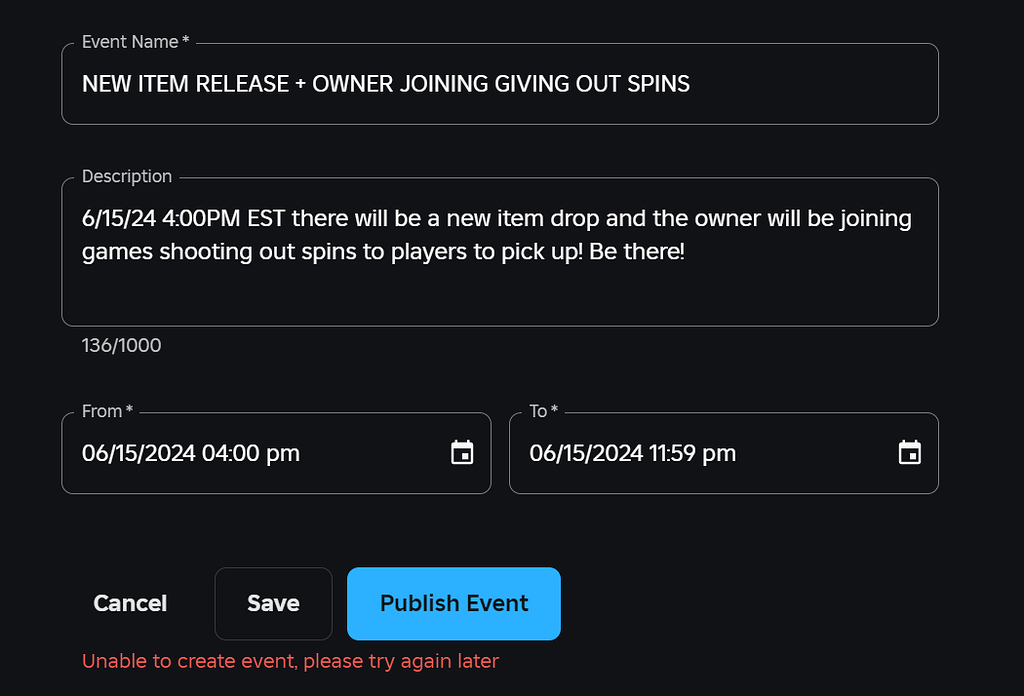 Unable to create events for group/experience - Platform Usage Support - Developer Forum | Roblox