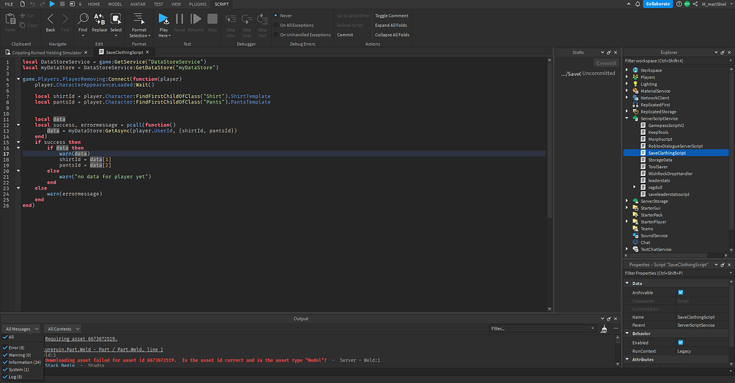 Trying to recreate the script of saving clothes in datastore that is ... Trying to recreate the script of saving clothes in datastore that is ...
