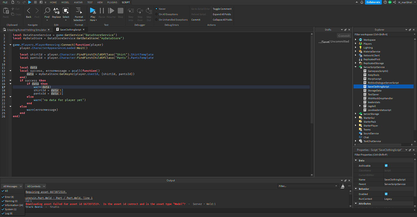 Trying to recreate the script of saving clothes in datastore that is ...