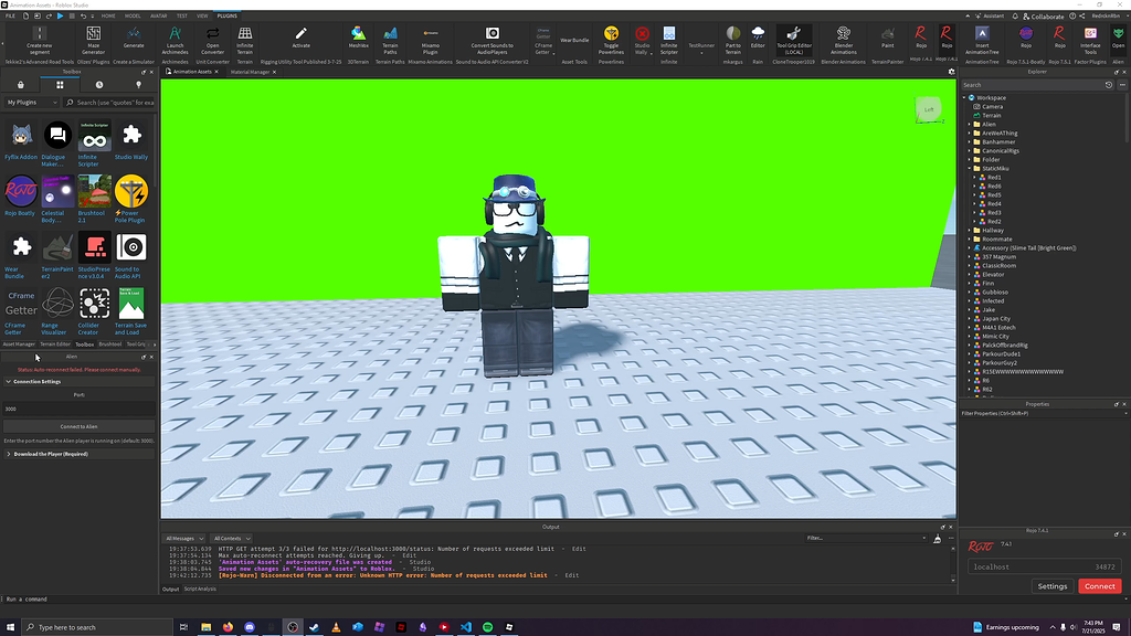 Roblox Studio continously says "Number of requests exceeded limit" when attempting to use ...