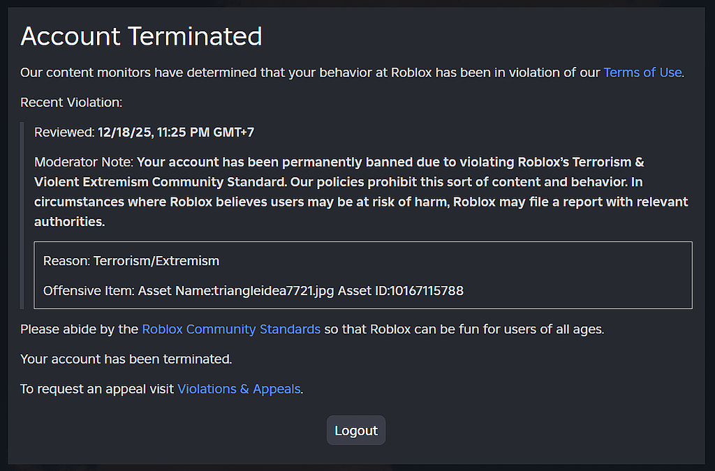 My Roblox account got terminated for "Terrorism & Extremism" over a ...