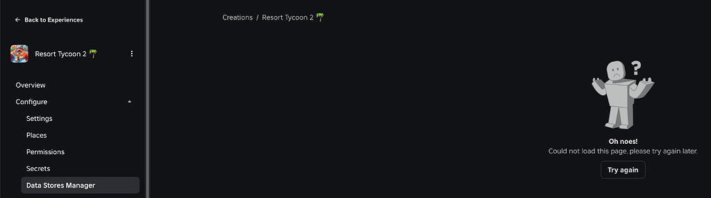 Data Stores Manager details page never loads - Creator Hub (create.roblox.com) Bugs - Developer ...