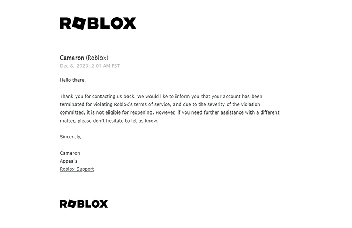 Roblox termination - Bulletin Board - Developer Forum | Roblox