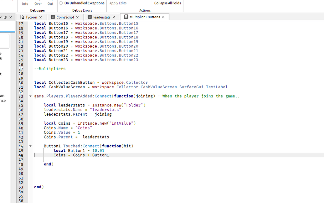 Why isnt leaderstats adding coins if touching part - Scripting Support ...