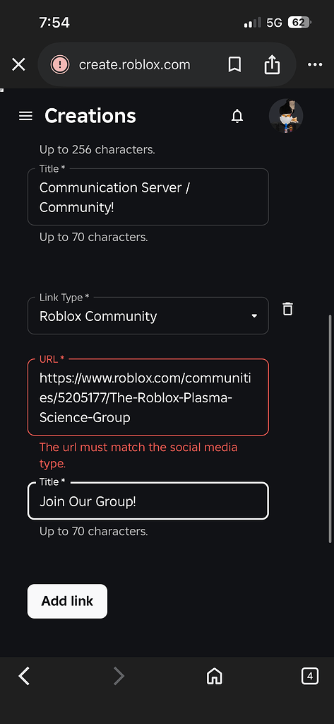 Unable to add Roblox group to social links - Creator Hub (create.roblox ...