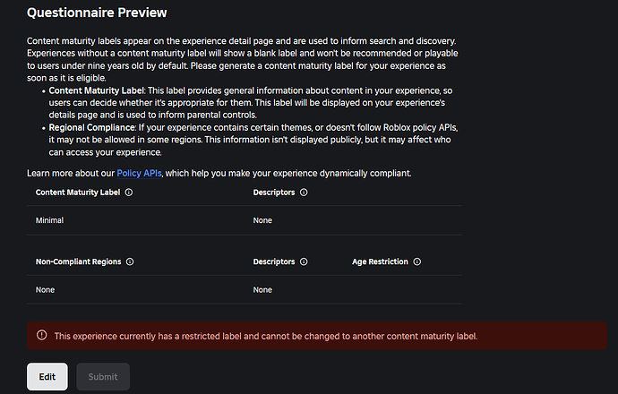 I can't change maturity restriction of Experience - Platform Usage ...