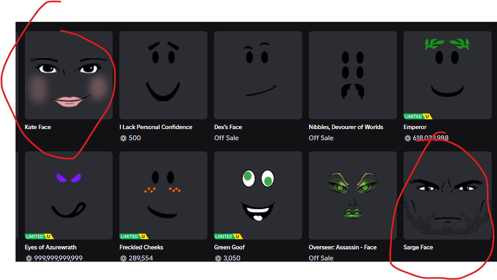 Select group of faces showing no offsale tag when they were never made ...