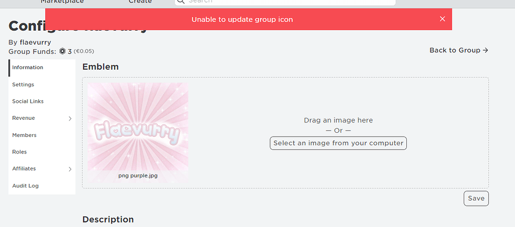 When Updating The Group Icon It Says Unable To Update Group Icon Platform Usage Support