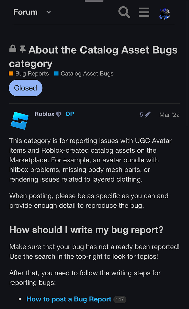 Subcategory of Bug Reports “Catalog Asset Bugs” Have a Bug Status on About Pinned Post - Forum ...