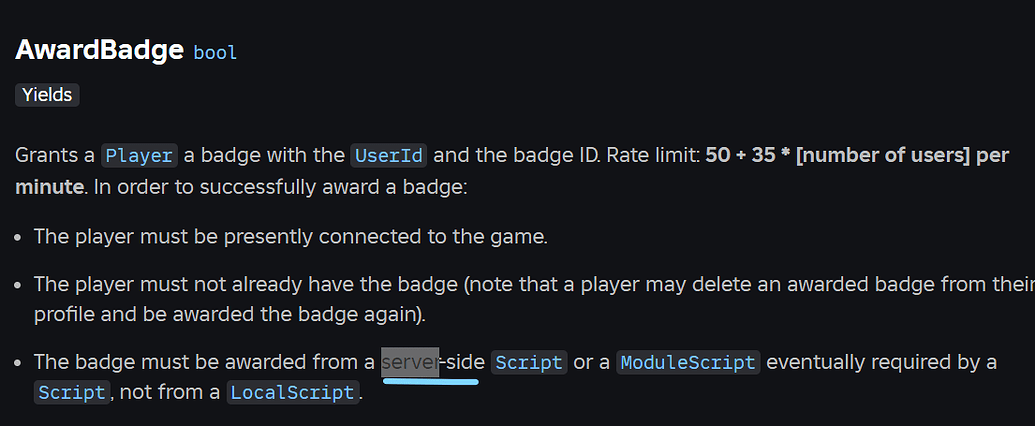 Award badge error - Scripting Support - Developer Forum | Roblox