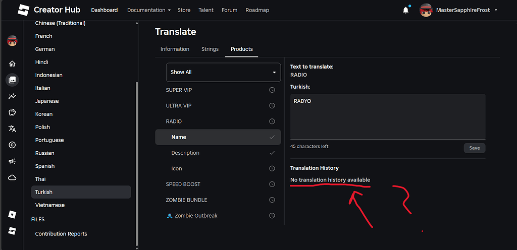 Unable to view the translation history of products - Creator Hub (create.roblox.com) Bugs ...