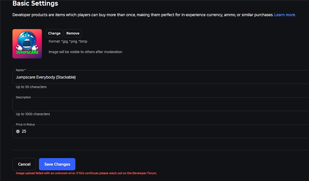 Unable to update icon for Developer Product - Creator Hub (create.roblox.com) Bugs - Developer ...