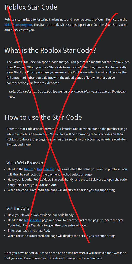 Outdated information in "Roblox Star Code" Help Article - Documentation ...