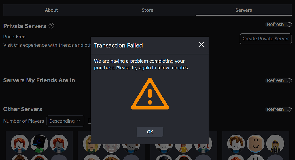 Unable to Create Free Private Servers on My Account – "Transaction ...