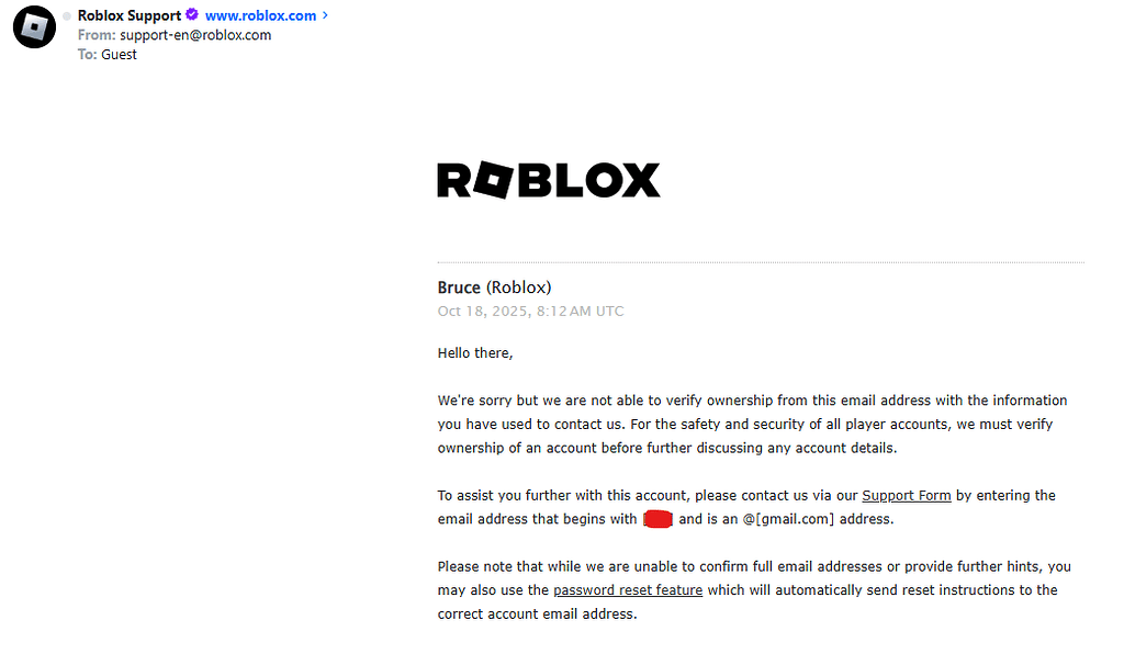 Roblox support asks me to contact them via an email that isn't ...