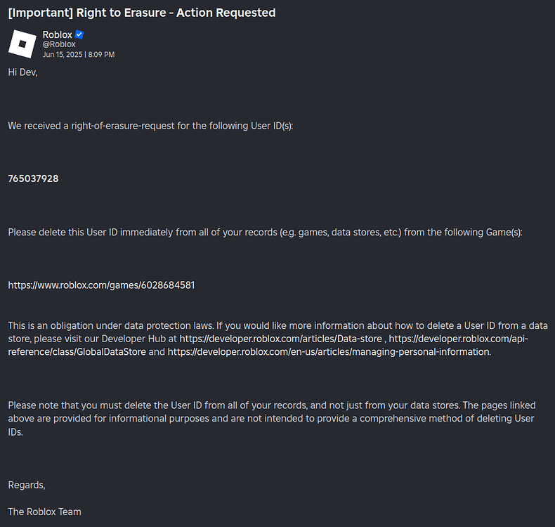Dear Roblox Developers, what the hell is a "Right to Erasure" request? - Platform Usage Support ...