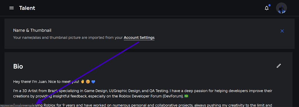 Incorrect "Account Settings" Link in Creator Portal (Talent Hub) - Creator Hub (create.roblox ...