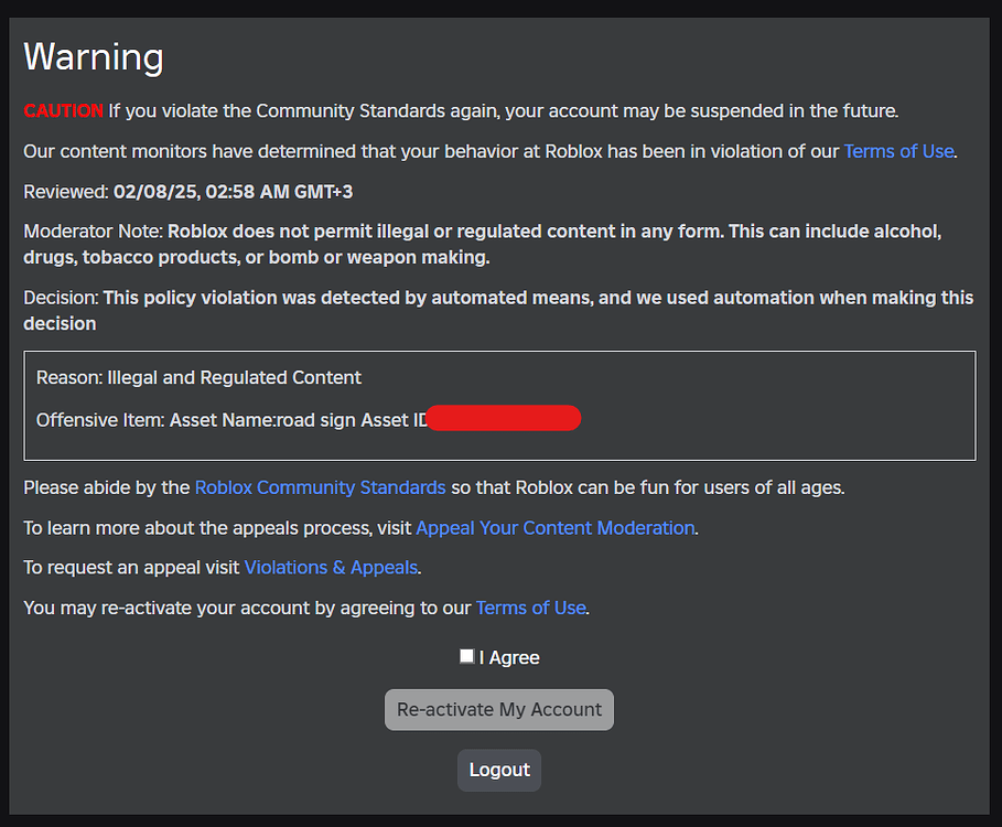 Being warned for uploading an image of a road sign - Roblox Application ...