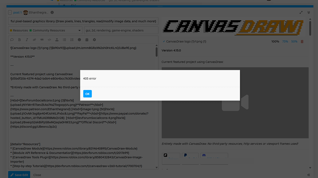 Cannot edit specific post of mine (405 error) - Forum Bugs - Developer Forum | Roblox