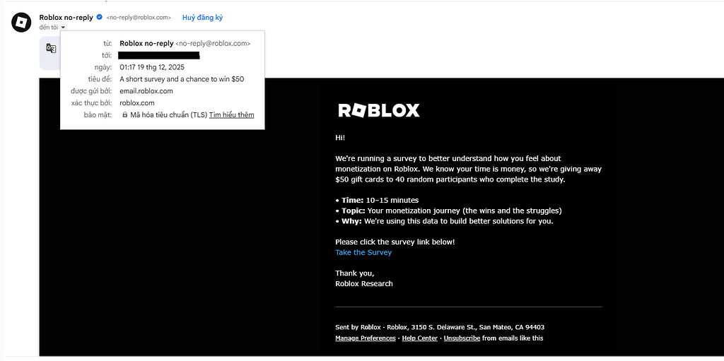 Is this a scam email? "A short survey and a chance to win $50" - Roblox ...