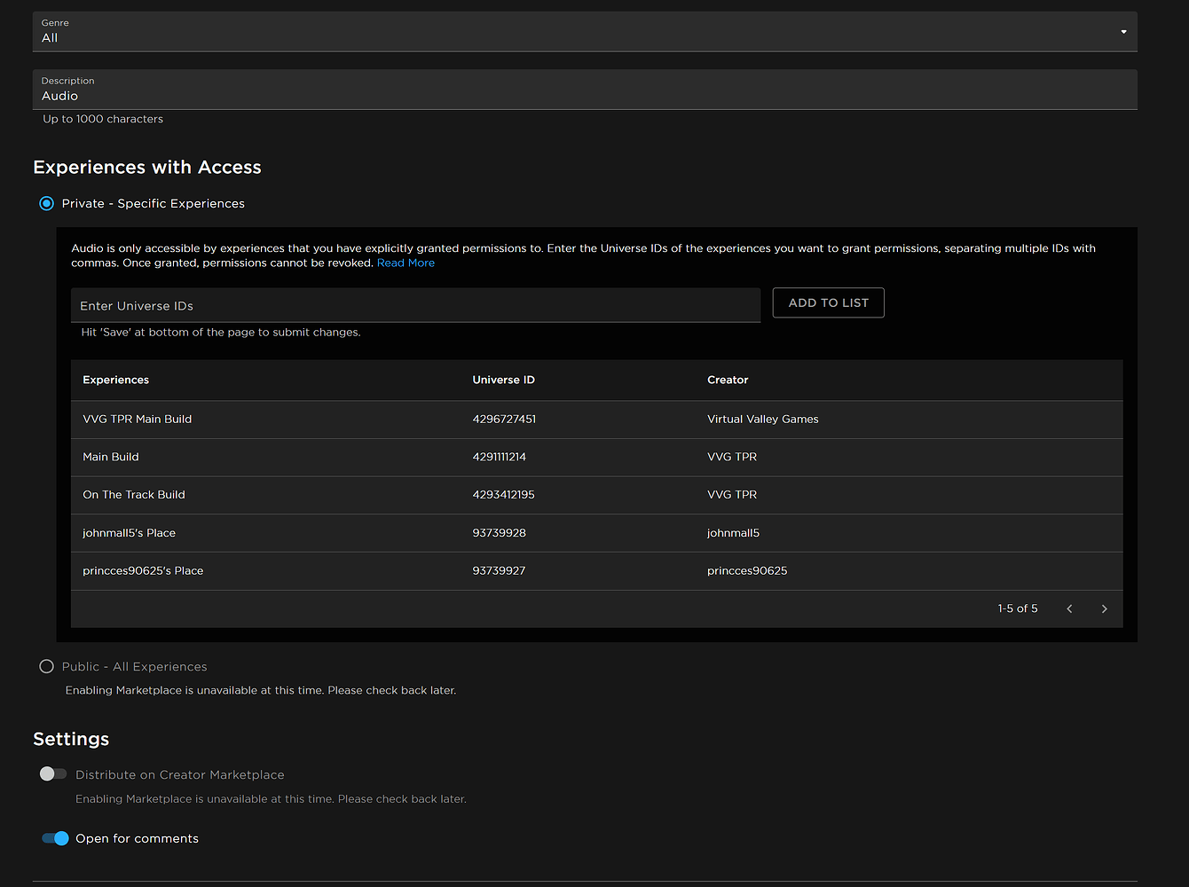 New private audio assets have granted permissions to random experiences - Website Bugs ...