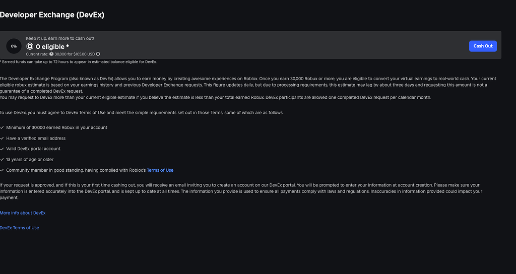 Eligible DevEx Robux Dropped to 0 (again) with No Spending - Creator Hub (create.roblox.com ...