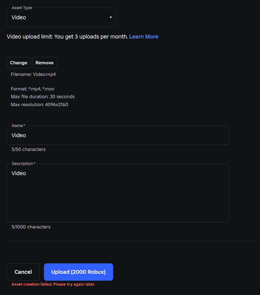 Uploading Video always results in "Asset creation failed. Please try again later." - Studio Bugs ...