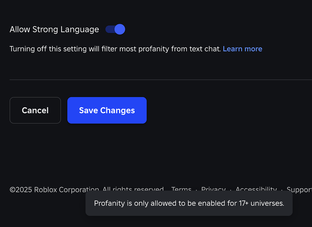 "Allow Strong Language" can't be enabled in 18+ games - Engine Bugs - Developer Forum | Roblox