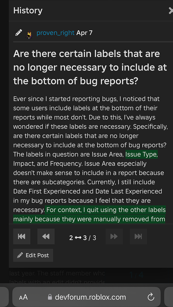 On phone, the edit history window is too big and runs off the page - Forum Bugs - Developer ...