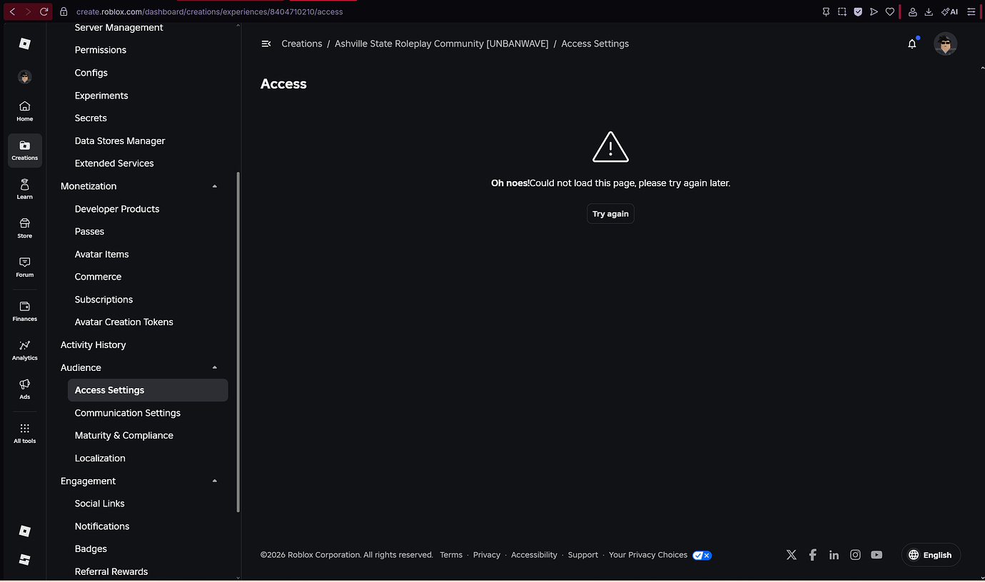Access Configuration Issue - Creator Hub (create.roblox.com) Bugs ...