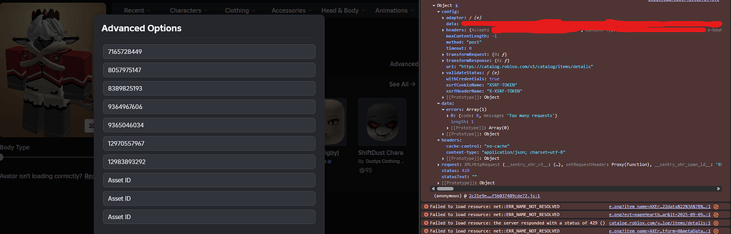 Avatar creator ratelimits if using too many assetID's of the same type ...