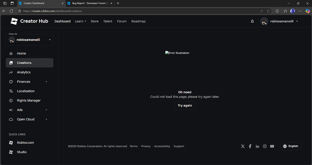 Error illustration on Home Page and creations tab - Creator Hub (create ...