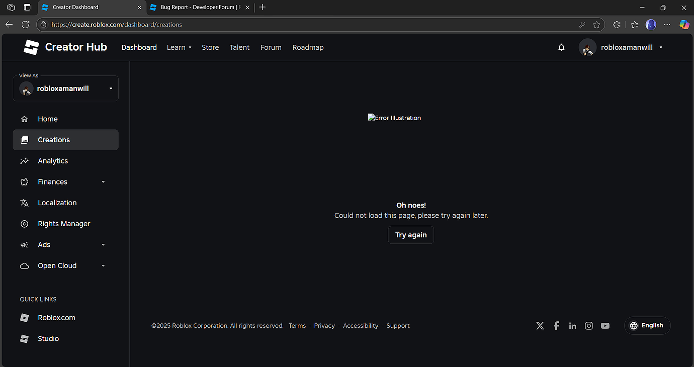 Error illustration on Home Page and creations tab - Creator Hub (create ...