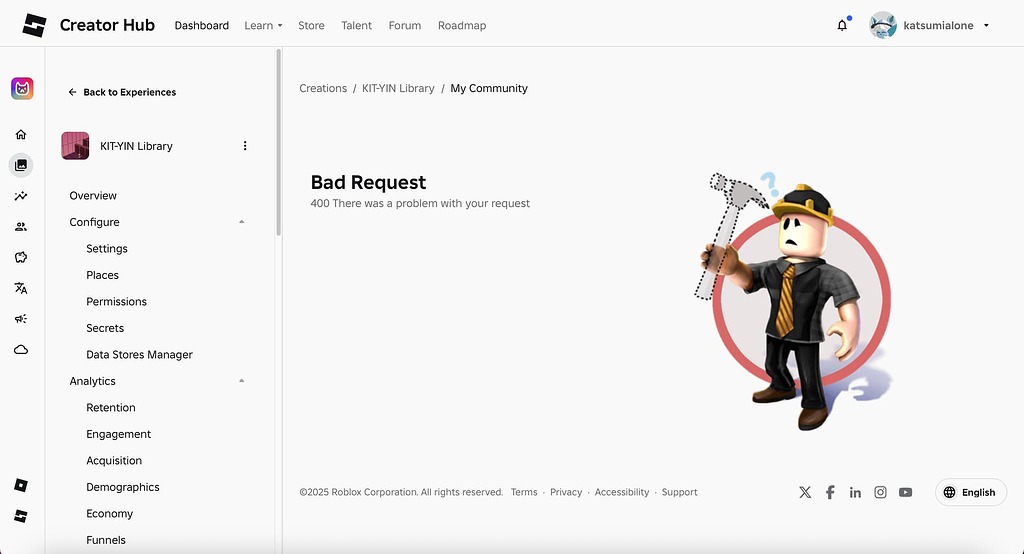 My Community page under experiences is inaccessible - Creator Hub (create.roblox.com) Bugs ...