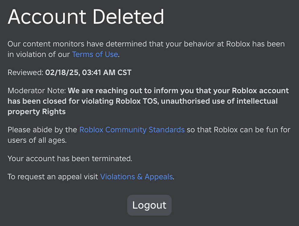 Mysterious IP Violation - Platform Usage Support - Developer Forum | Roblox