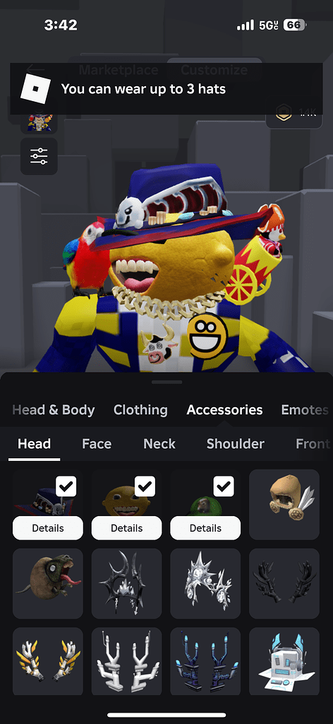 Mobile avatar editor only allows for 3 hats when you can use up to 10 ...