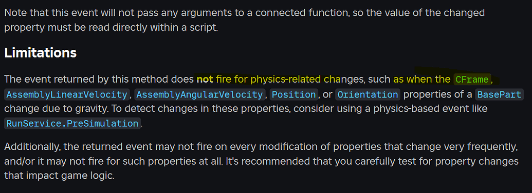 GetPropertyChangedSignal Not working for some reason - Scripting Support - Developer Forum | Roblox