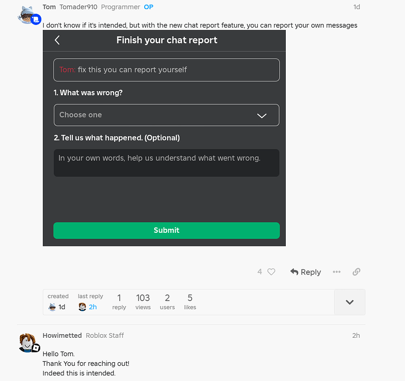 You can report your own message with chat report - Roblox Application ...