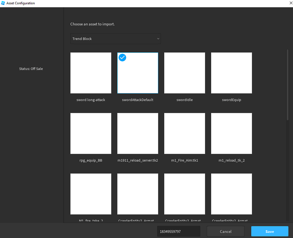 "Choose an asset to import" The blue import button shows up as "Save ...